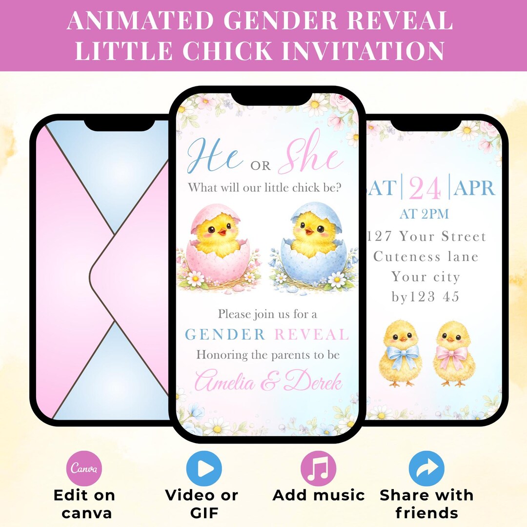 Chick Gender Reveal Invitation Video | He or She Evite | Pink Blue Egg ...
