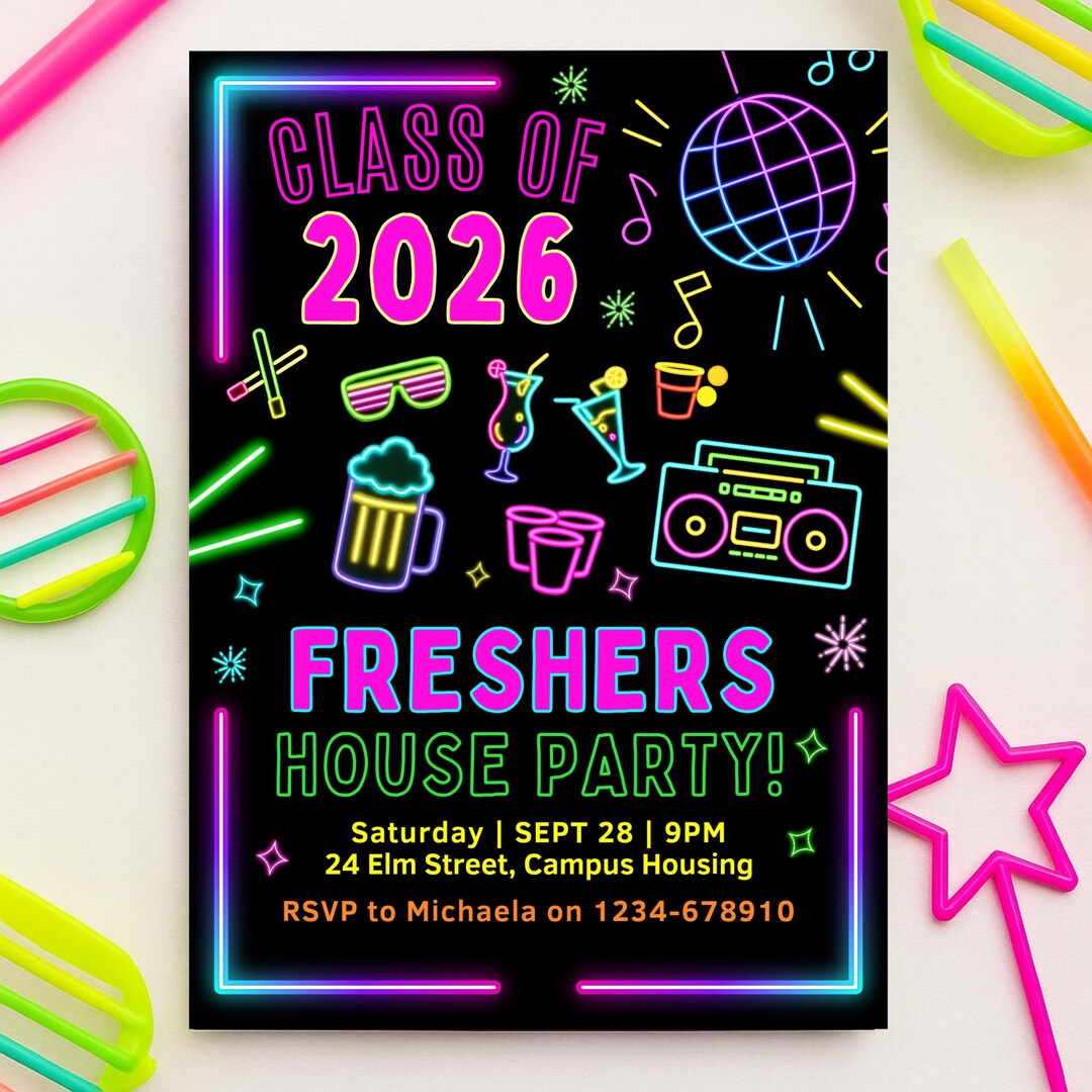 Neon Freshers House Party Invitation | Editable Canva Template | 90s ...