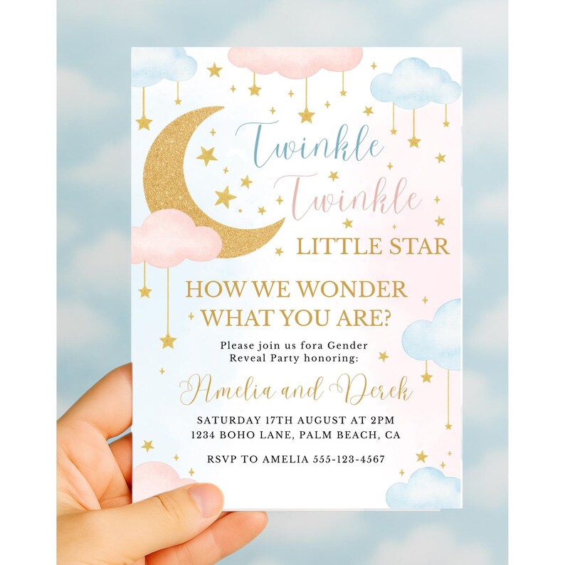 Twinkle Twinkle Little Star Gender Reveal Invitation Template, Pink ...