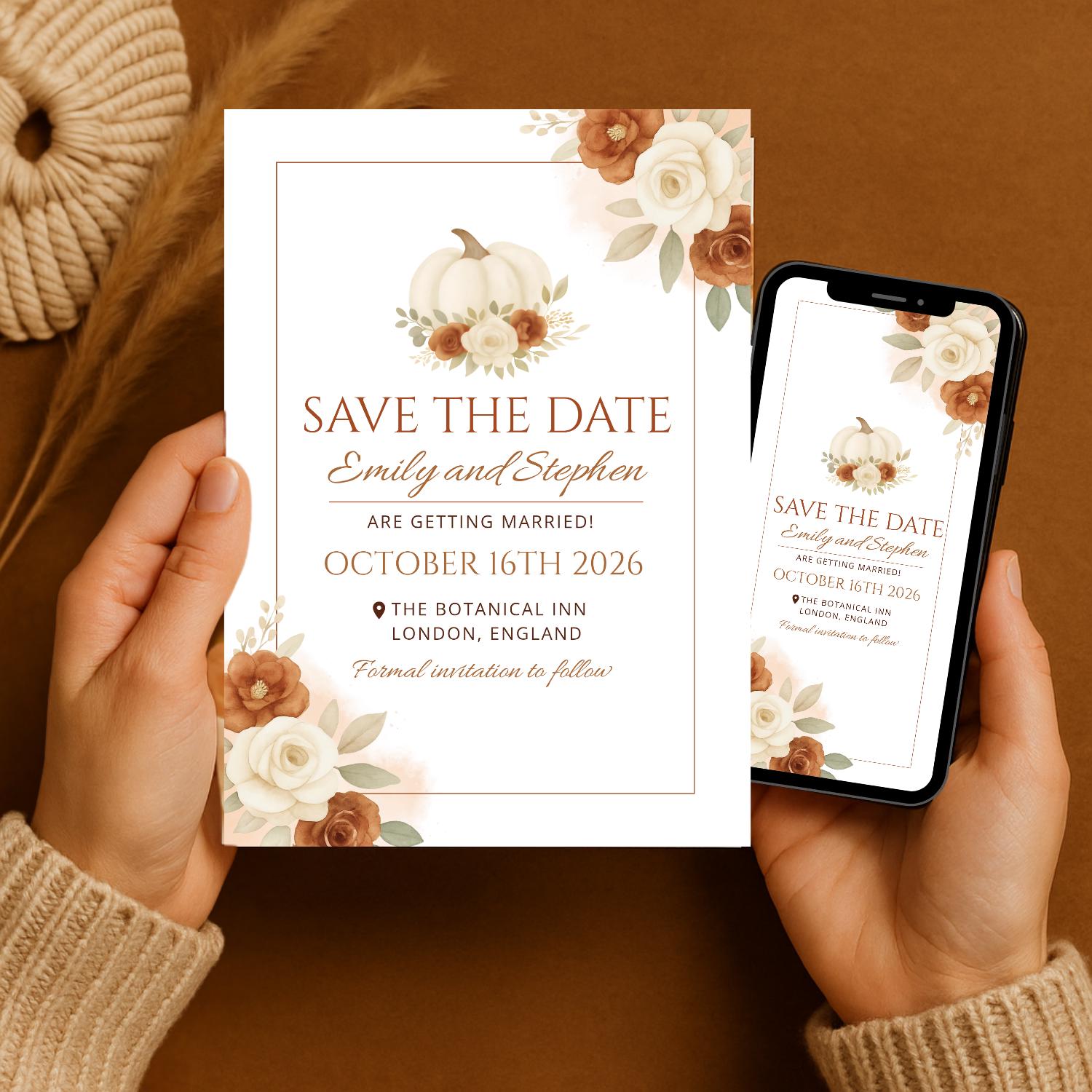 Editable Fall Save the Date Invite Template, Pumpkin Wedding Invitation ...