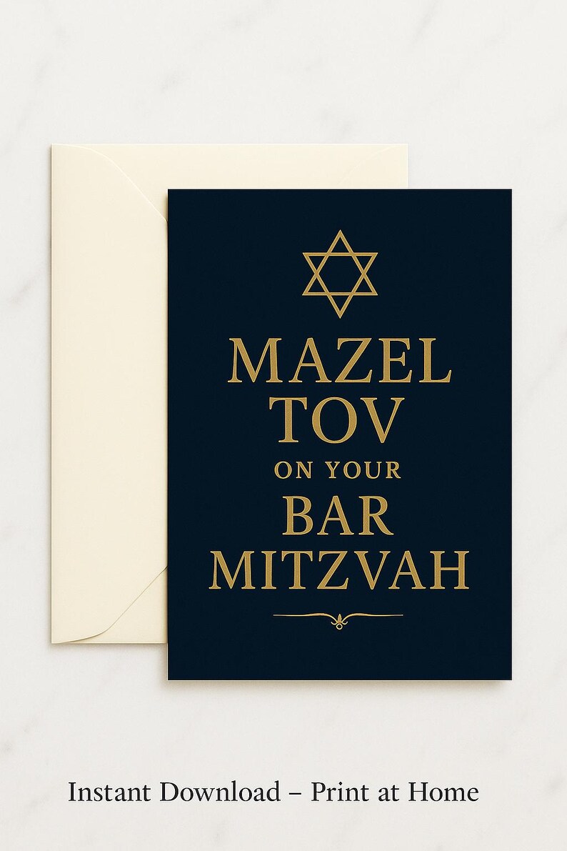 Bar Mitzvah Card: Jewish Mazel Tov, Gold Star of David (PDF & JPG ...