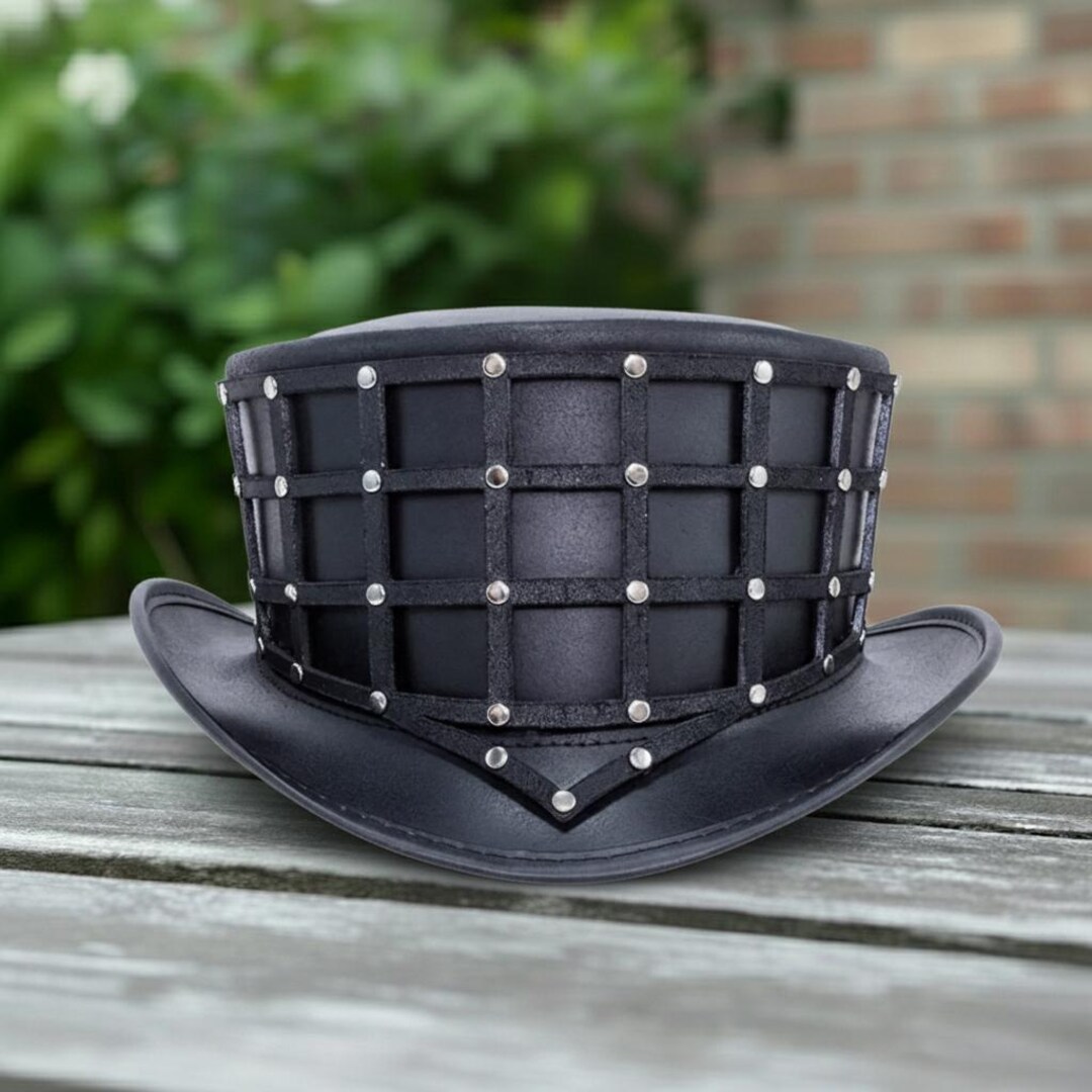 Handmade Black Steampunk Leather Top Hat – Gothic Rivet Studded ...