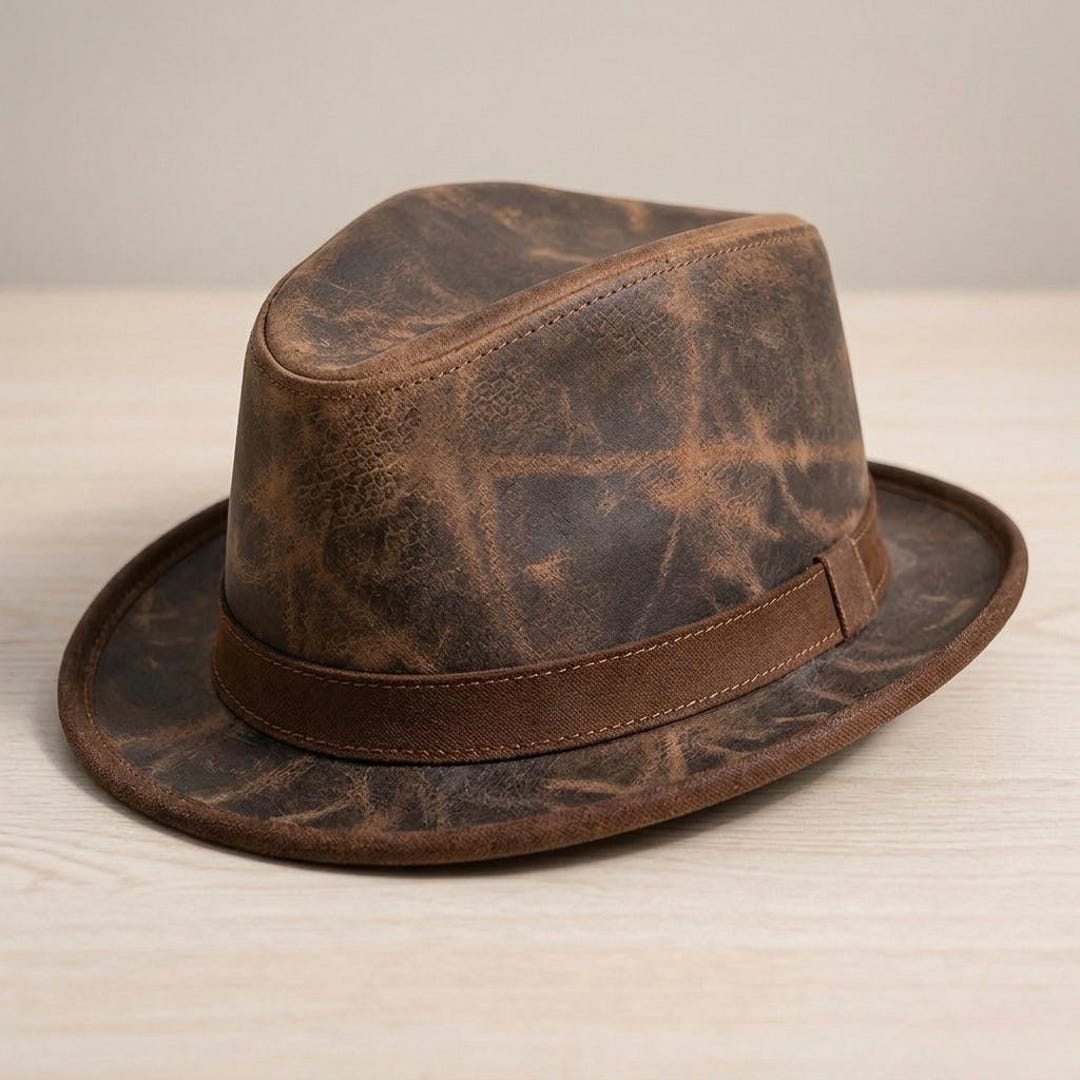 Distressed Brown Leather Fedora Hat , Vintage Western Trilby Travel ...
