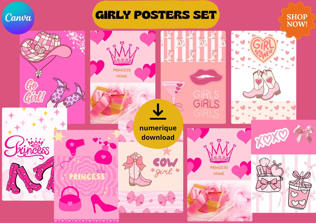 Digital Girly Poster Set, Pink Girly Poster Digital Home Decor, Modern ...