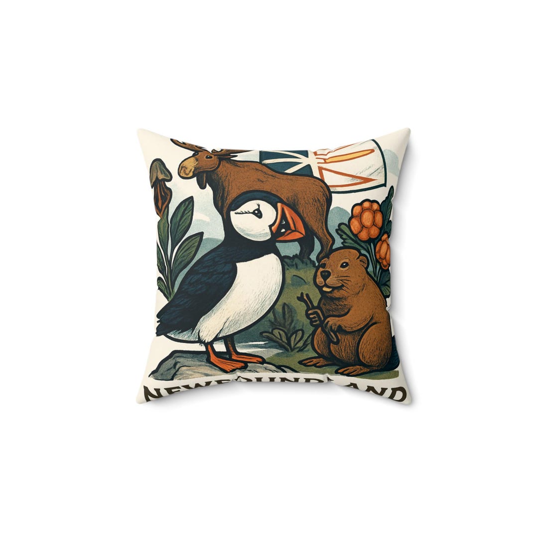 Puffin and Beaver Newfoundland Illustration Pillow | Wildlife Cabin ...