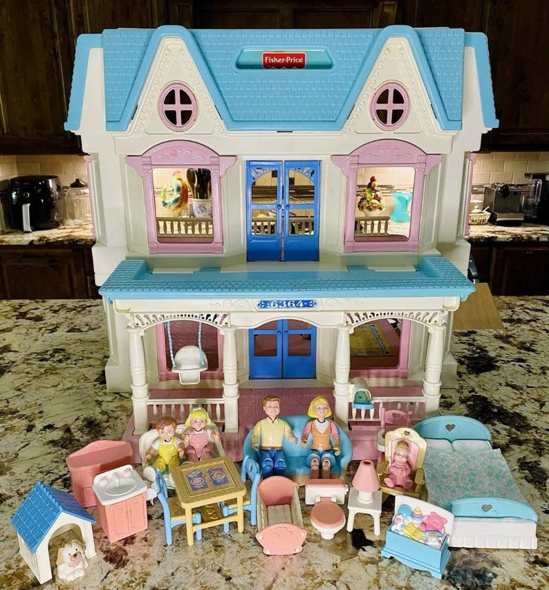 Vintage Fisher-price Loving Family Living Room Lot – Dollhouse 6364 Blue Roof + Dream House ...