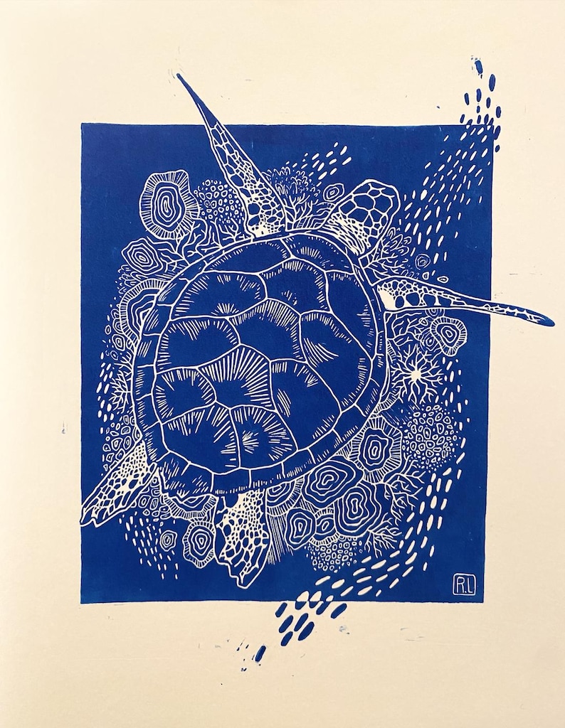 Beneath the Blue- Original Sea Turtle Linocut Print, Australian Ocean ...