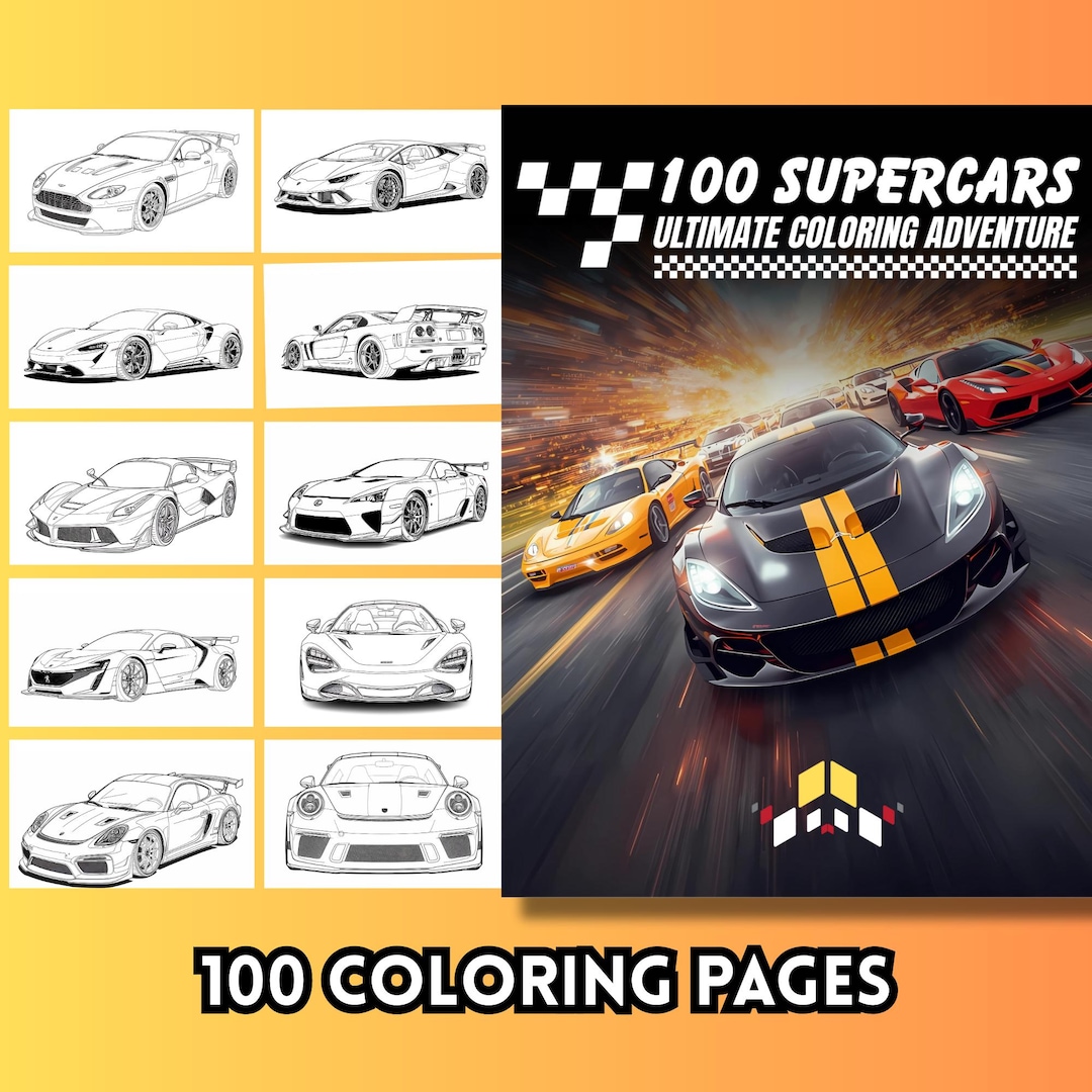 100 Supercars Coloring Book | Line Art Illustrations (PDF/JPG) - Etsy