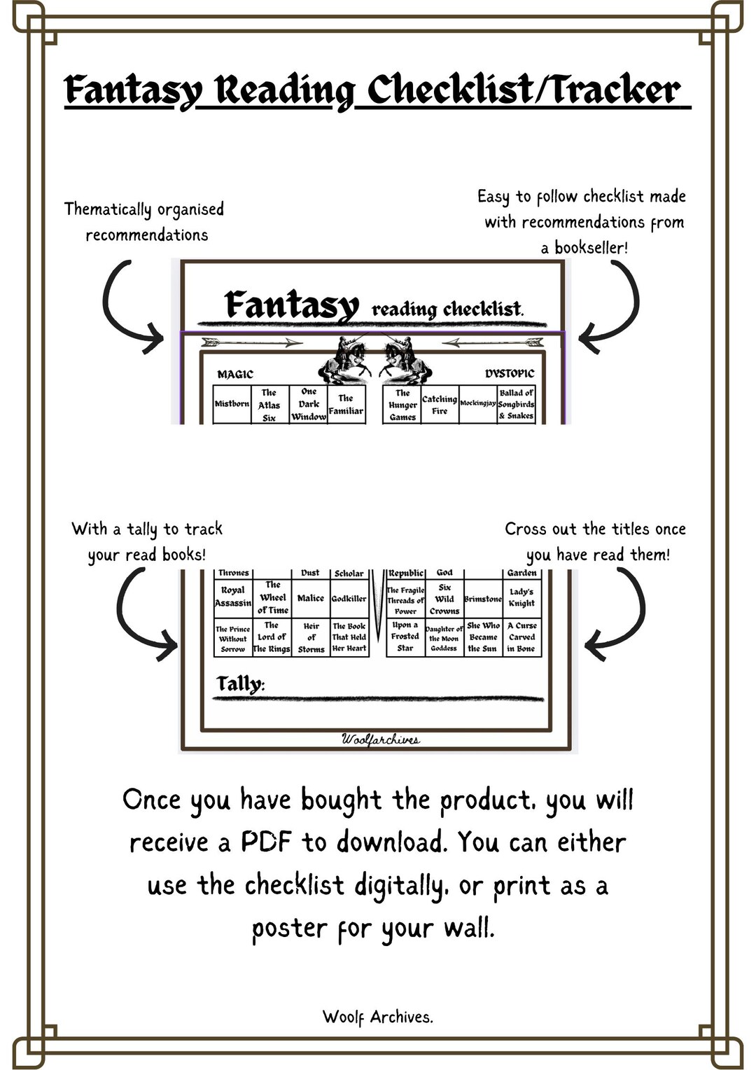 Fantasy Reading Checklist/tracker (white) (A4/5 PDF- DIGITAL DOWNLOAD ...