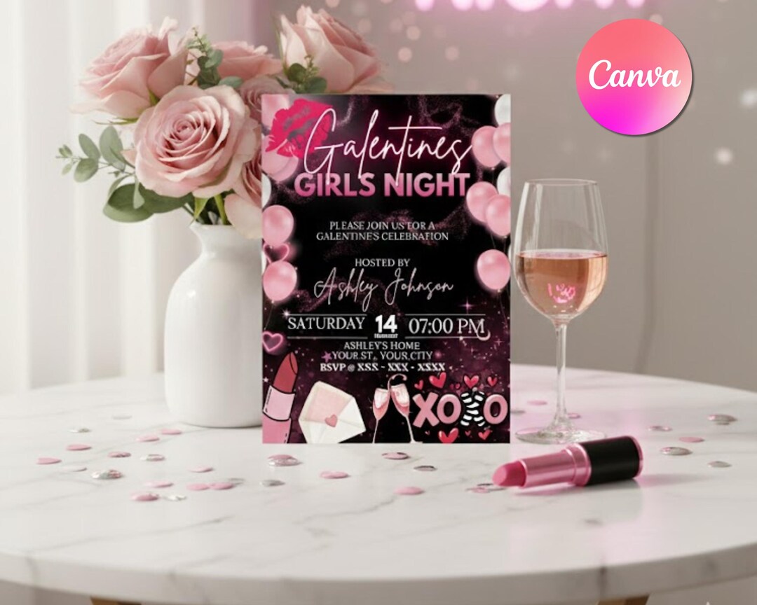Editable Galentine's Girls Night Invite | Pink Sparkle Valentine's ...