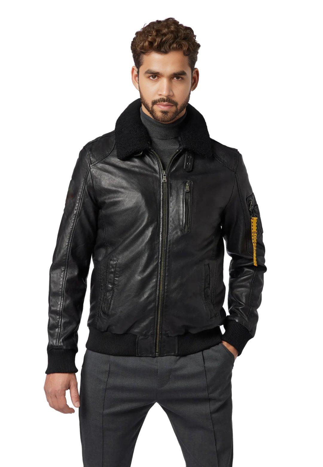 Men’s Black Leather Bomber Jacket, Shearling Collar Aviator Flight Coat ...