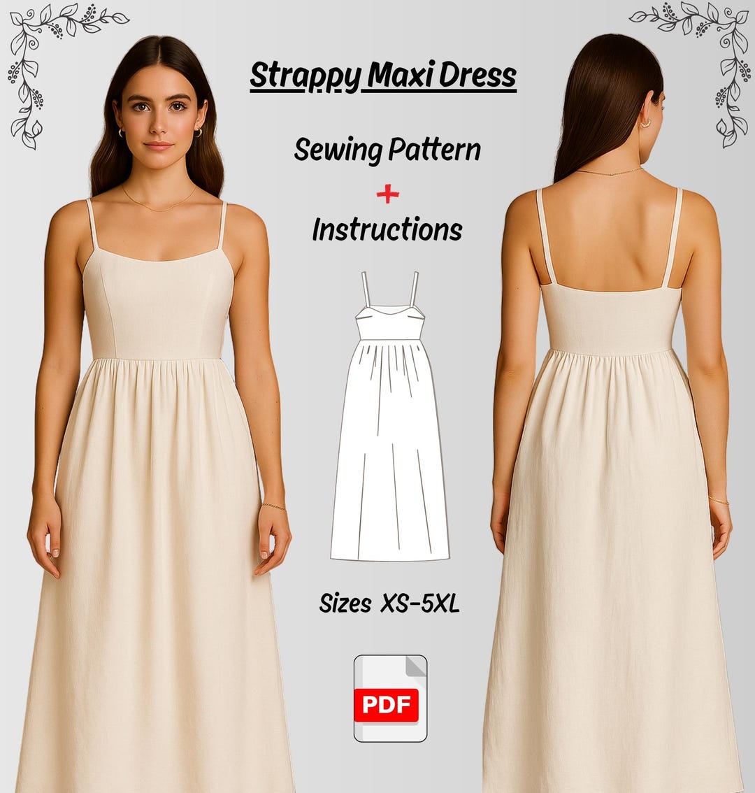 Maxi Dress Sewing Pattern PDF, Fit and Flare Dress, Spaghetti Strap ...