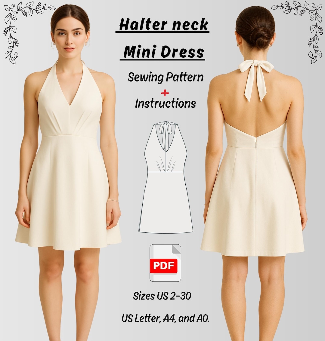 Halter Neck Dress Sewing Pattern PDF: V-neck Backless Dress (XS-5XL ...
