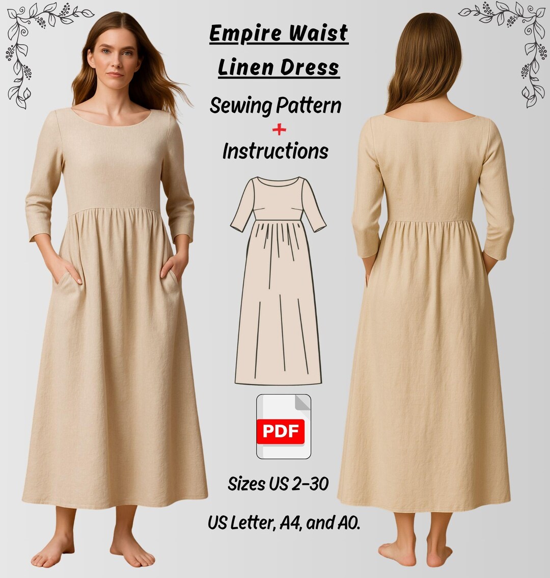 Linen Dress Sewing Pattern: Empire Waist, Maxi Skirt, Boat Neck (PDF ...