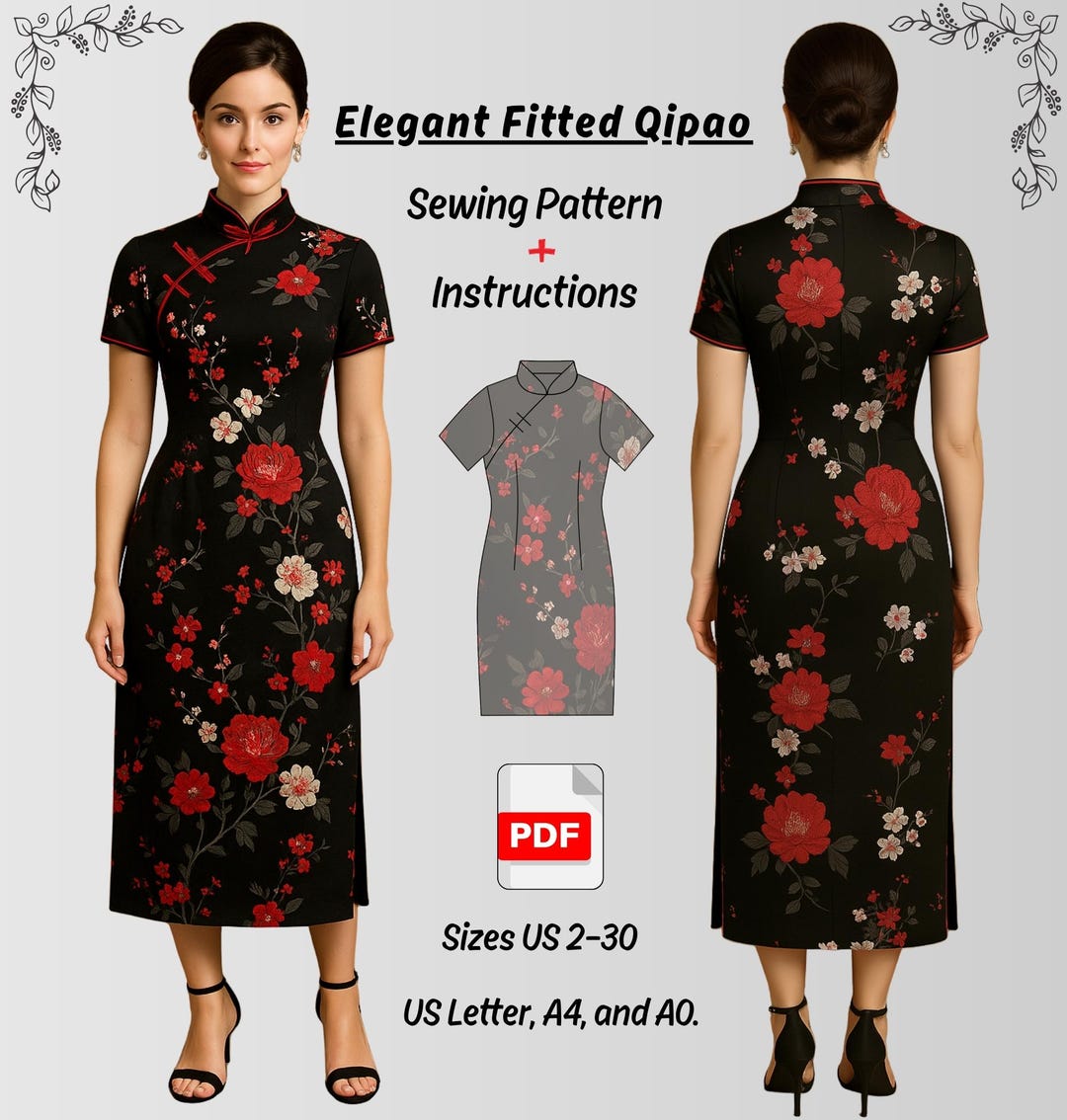 Chinese Cheongsam Dress PDF Sewing Pattern, Elegant Fitted Qipao ...