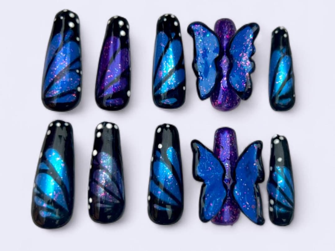 3D Butterfly Wing Nails | Vibrant Blue and Purple Butterfly Press Ons ...