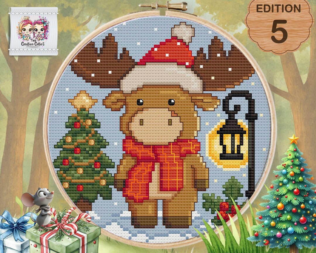 Maple Moose Christmas Cross Stitch Pattern | Kawaii Winter Forest (PDF ...