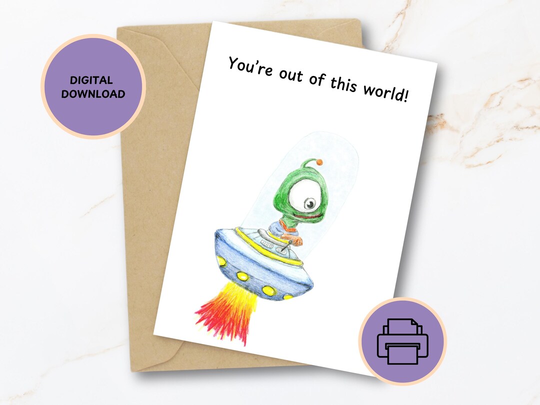Alien Valentine's Day Card, Printable 5x7 Hand Drawn Greeting Card ...