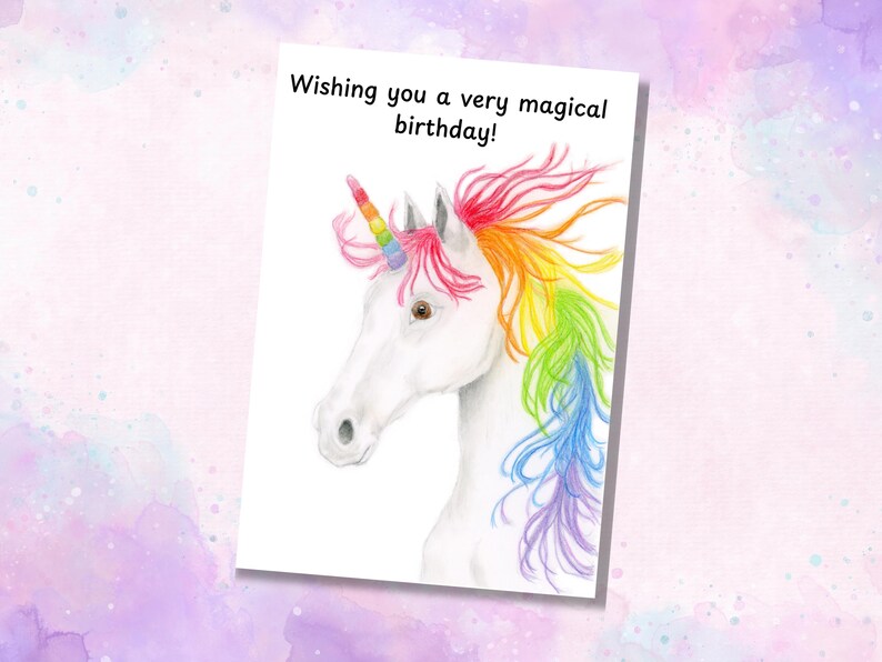 Unicorn Birthday Card, Printable 5x7 Hand Drawn Greeting Card, Digital ...