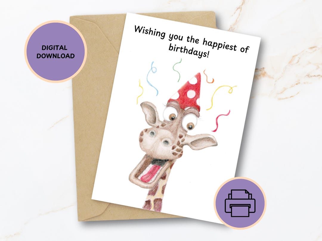 Happy Giraffe Birthday Card, Printable 5x7 Hand Drawn Birthday Card ...