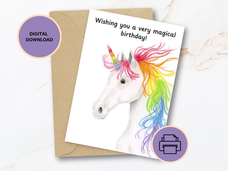 Unicorn Birthday Card, Printable 5x7 Hand Drawn Greeting Card, Digital ...