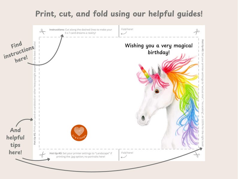 Unicorn Birthday Card, Printable 5x7 Hand Drawn Greeting Card, Digital ...