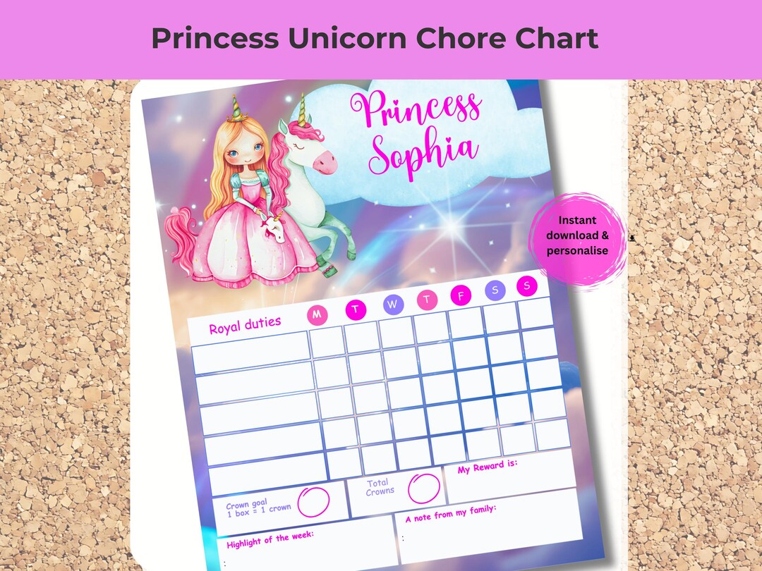 Girls Reward Chart, Princess Unicorn Chore Chart - Print and ...