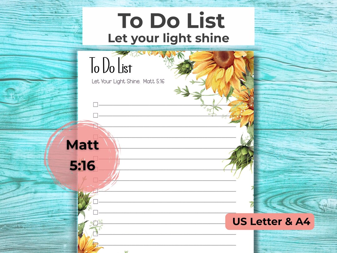 Christian to Do List, Sunflower Daily Planner (US Letter & A4 PDF ...