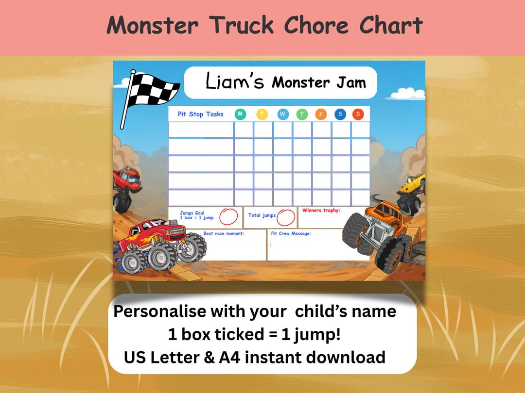 Monster Truck Chore Chart for Kids, Responsibility & Reward Tracker ...