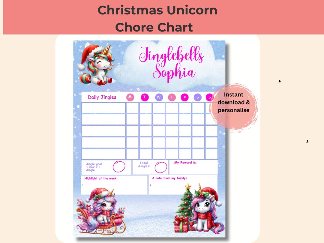 Christmas Unicorn Chore Chart for Girls, Personalised Reward Routine ...
