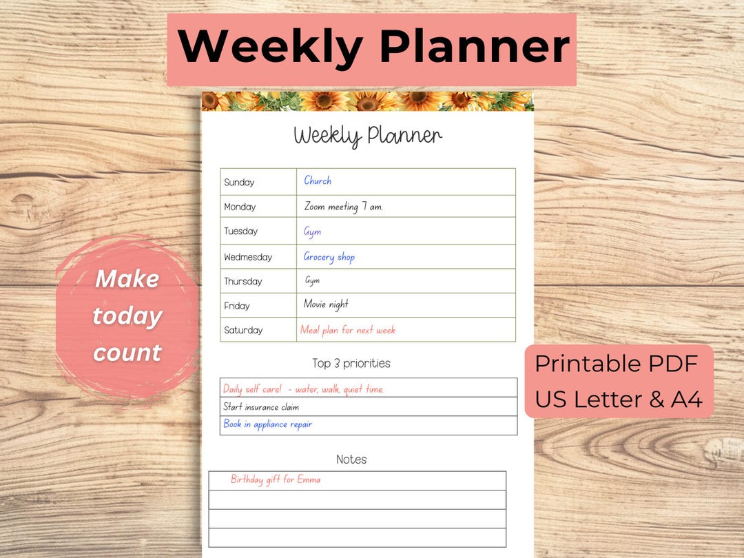 Sunflower Weekly Planner Printable - Minimalist Organizer A4 & US ...