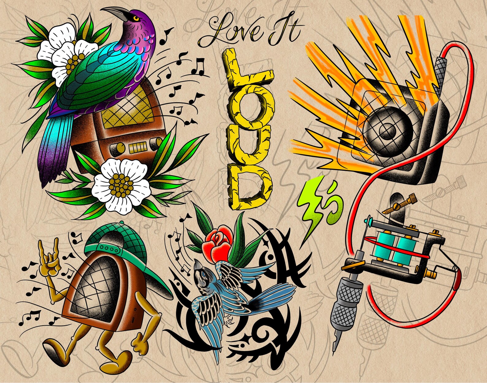 Musical Tattoo Flash - Love It Loud (2024) - by Carl Caracia @ Magic ...
