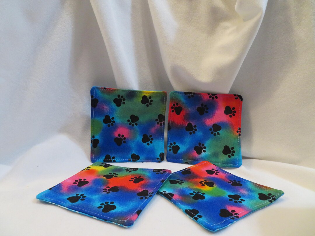 Set OF 4 Multi Color Paw Print Fabric Reversible Coasters Made and ...