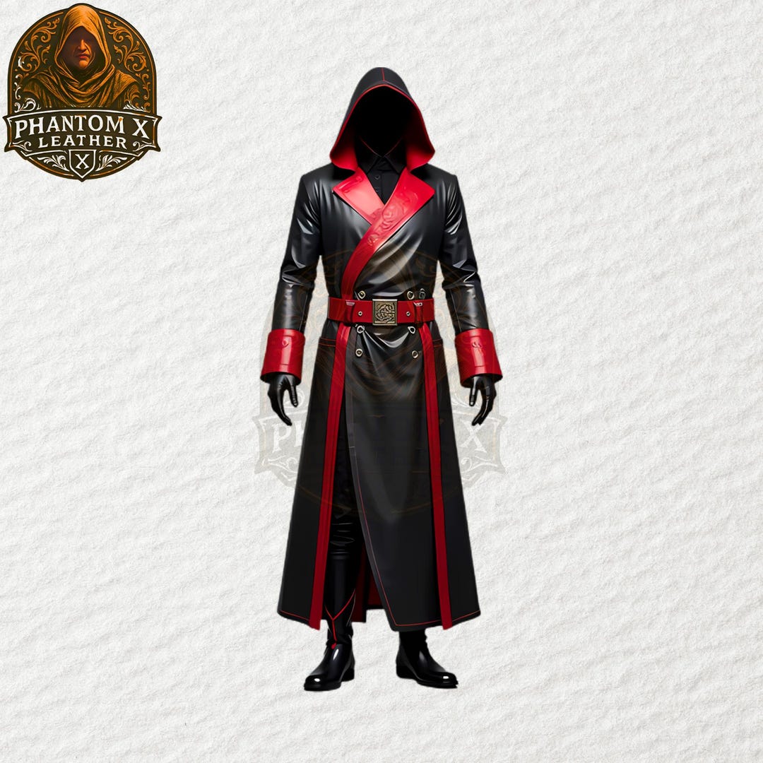 Vampire Warlord Hooded Combat Leather Trench Robe | Black & Blood Red ...