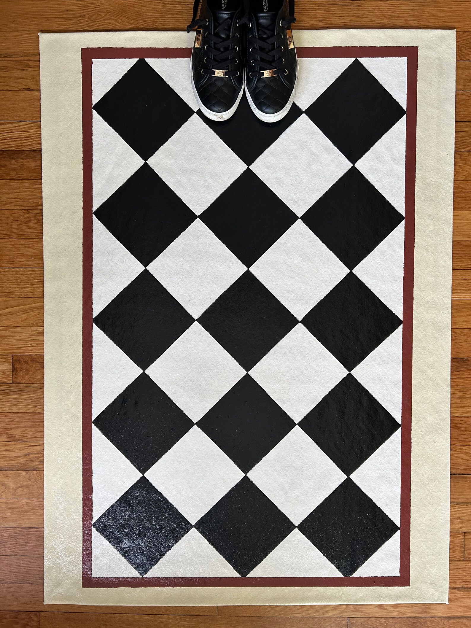 Floorcloth Rug 31.5 X 44 Painted Canvas Black and White Checker Brick ...