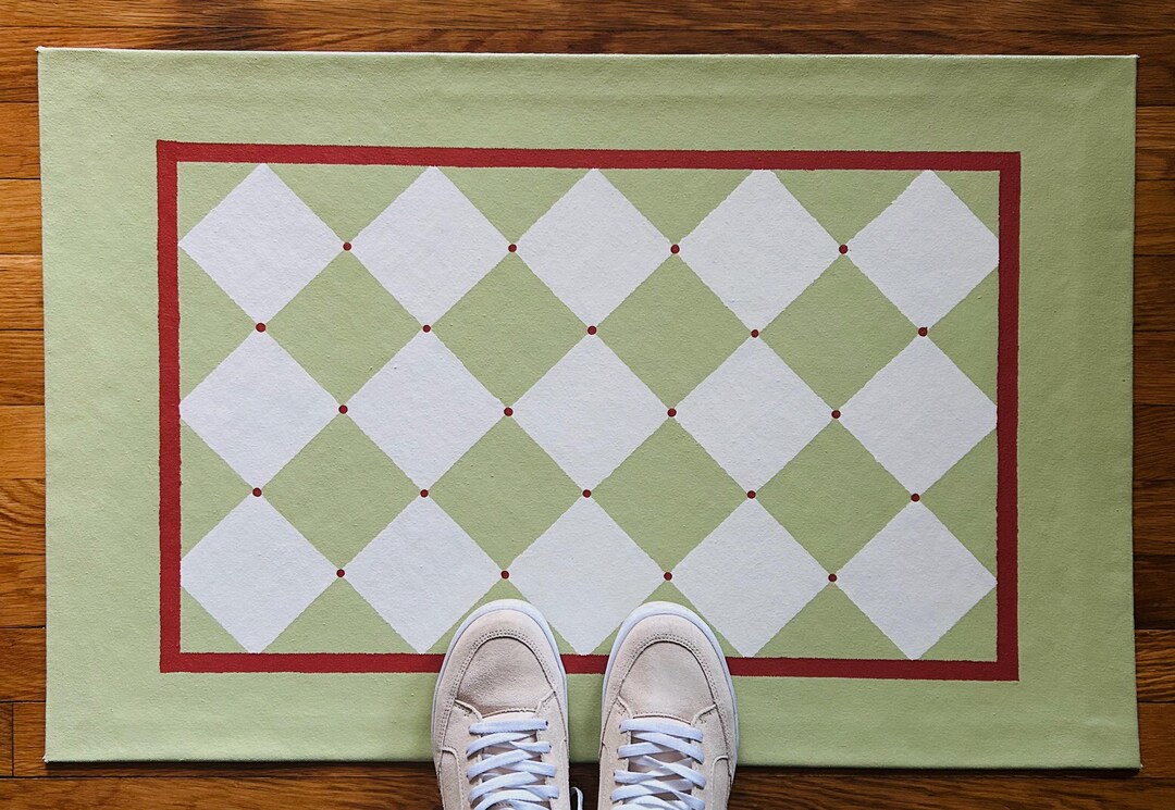 Floorcloth Rug 21.5” X 33” Painted Canvas Light Green, White Checker ...