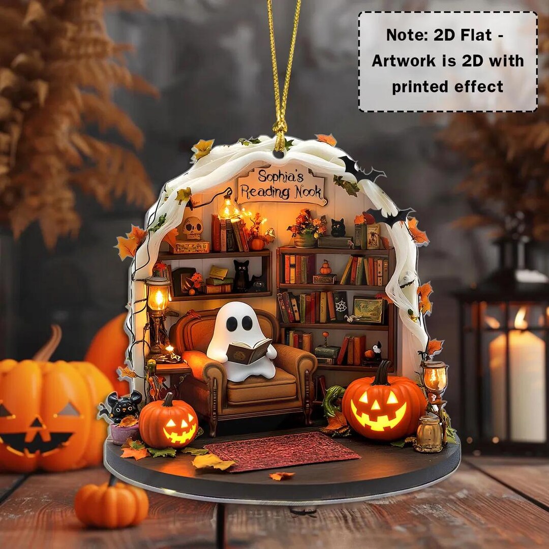 Custom Ghost Reading Corner 2D FLAT Acrylic & Wood Halloween Ornament ...