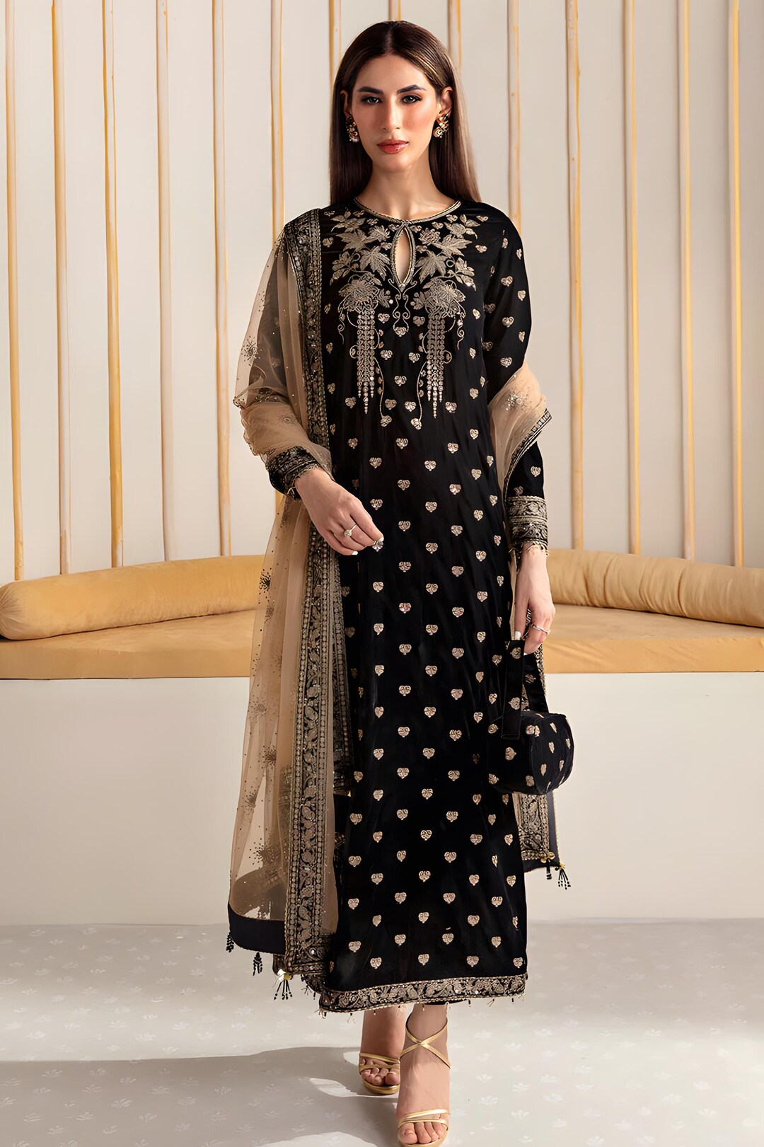 Pakistani Suit Black Velvet Dress Shalwar Kameez for Women, Handcrafted ...