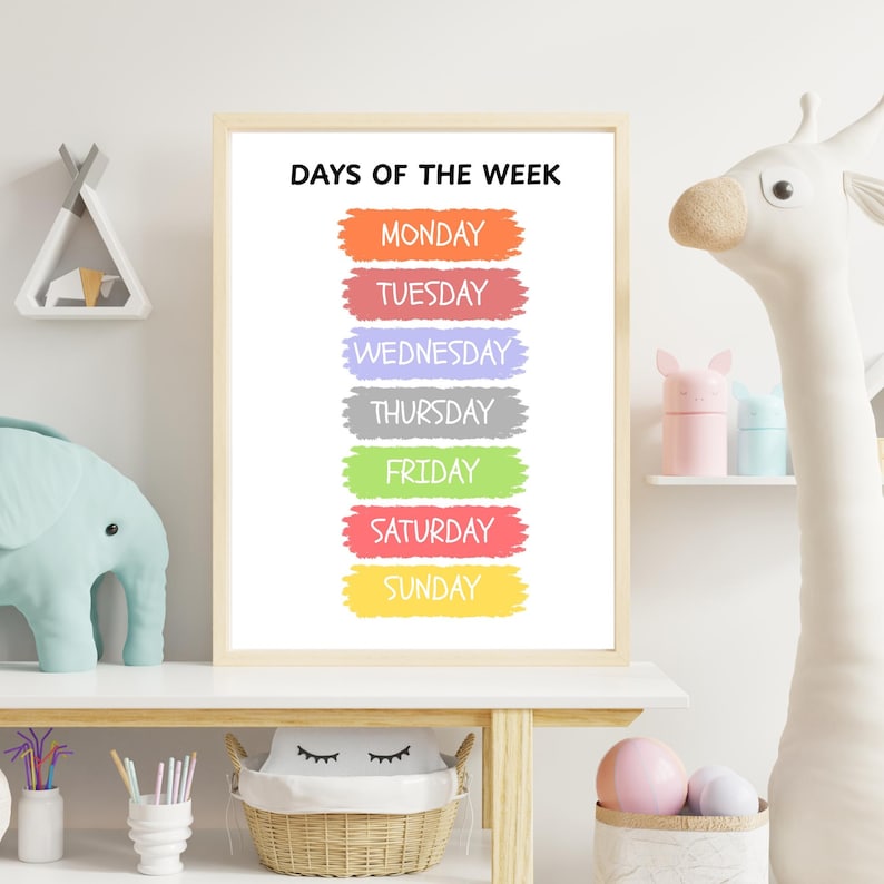 Days of the Week Learning Poster: Colorful Kids Classroom Art (JPG ...