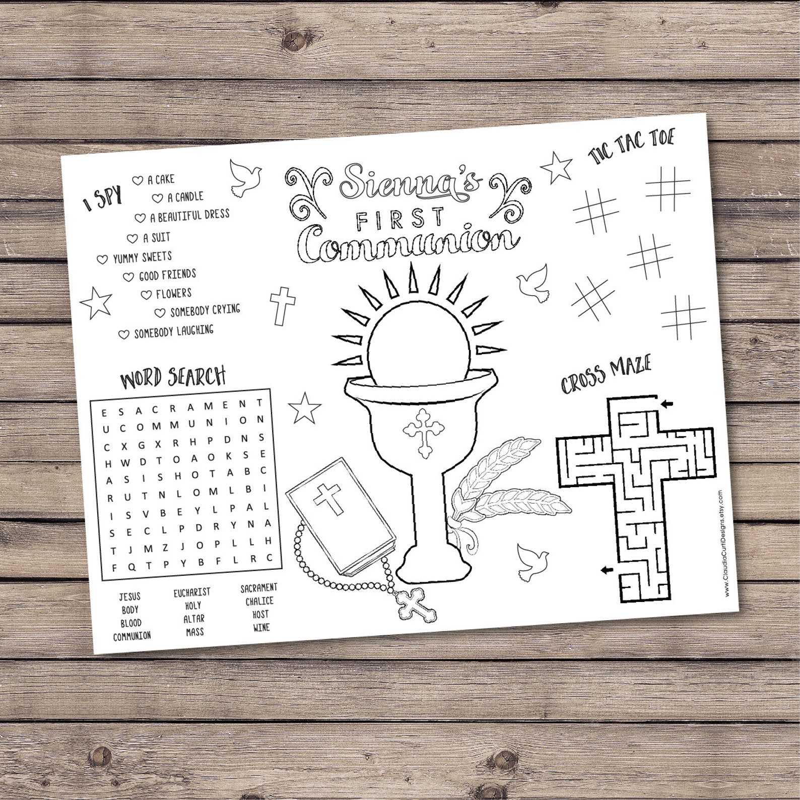 Personalized First Communion Coloring Placemat, Activity Sheets ...