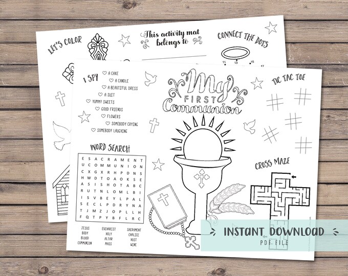 First Communion Coloring Activity Sheets, Printable Placemat (instant ...