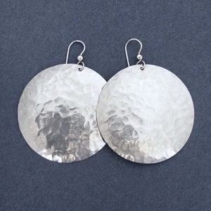 Large Shiny Sterling Silver Disc Earrings Big Round Dangles Hammered ...