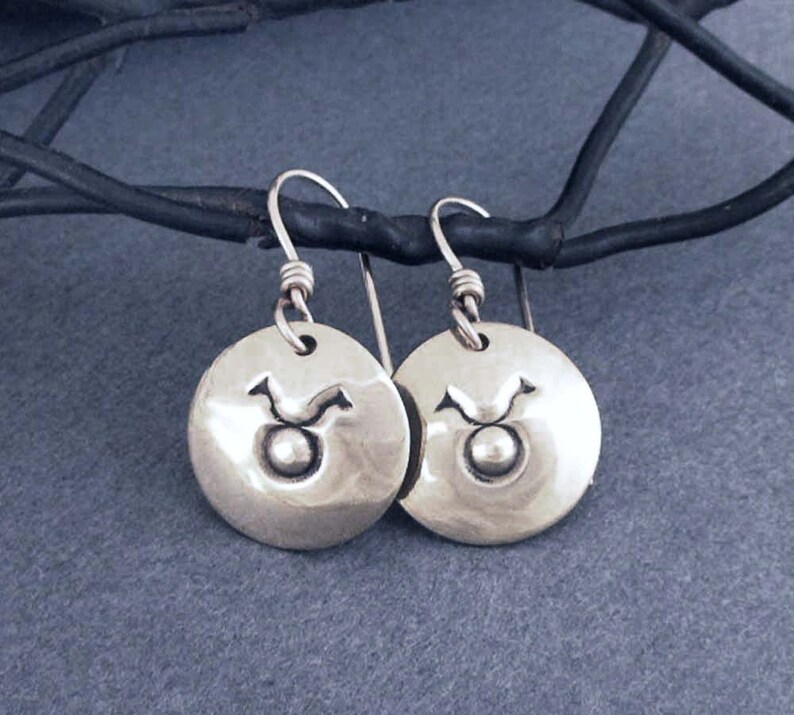Sterling Silver Taurus Earrings Zodiac Symbol Round Dangles April May ...