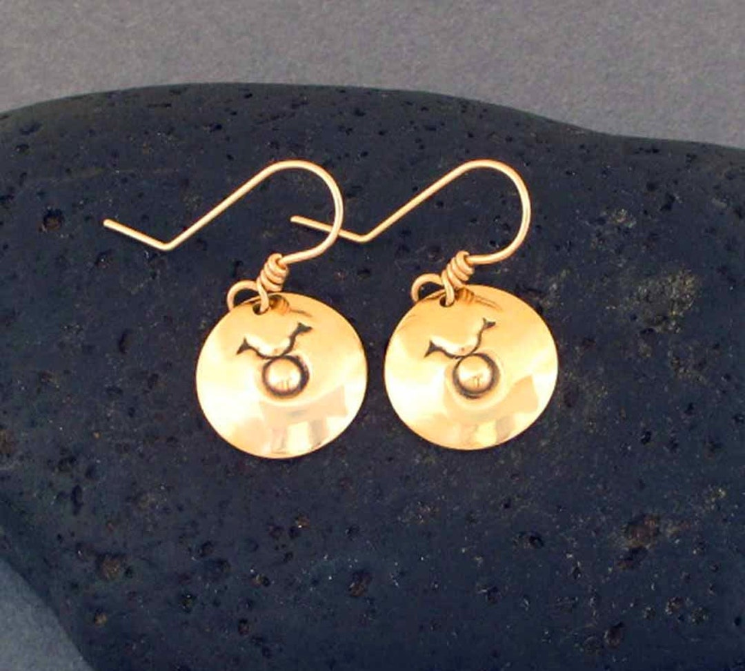Gold Tone Taurus Earrings Round Brass Zodiac Dangles April May - Etsy