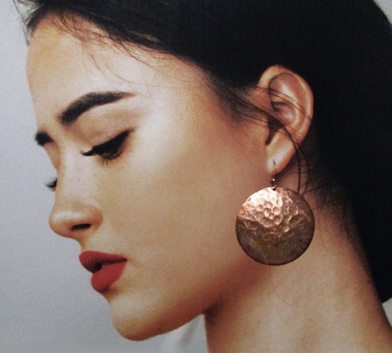 Large Copper Disc Earrings Round Hammered Copper Dangles - Etsy