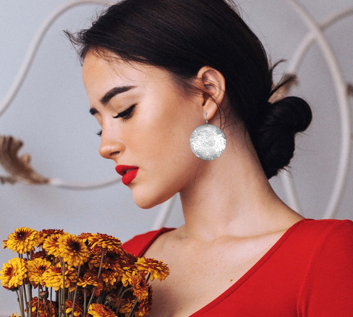 Large Shiny Sterling Silver Disc Earrings Big Round Dangles - Etsy