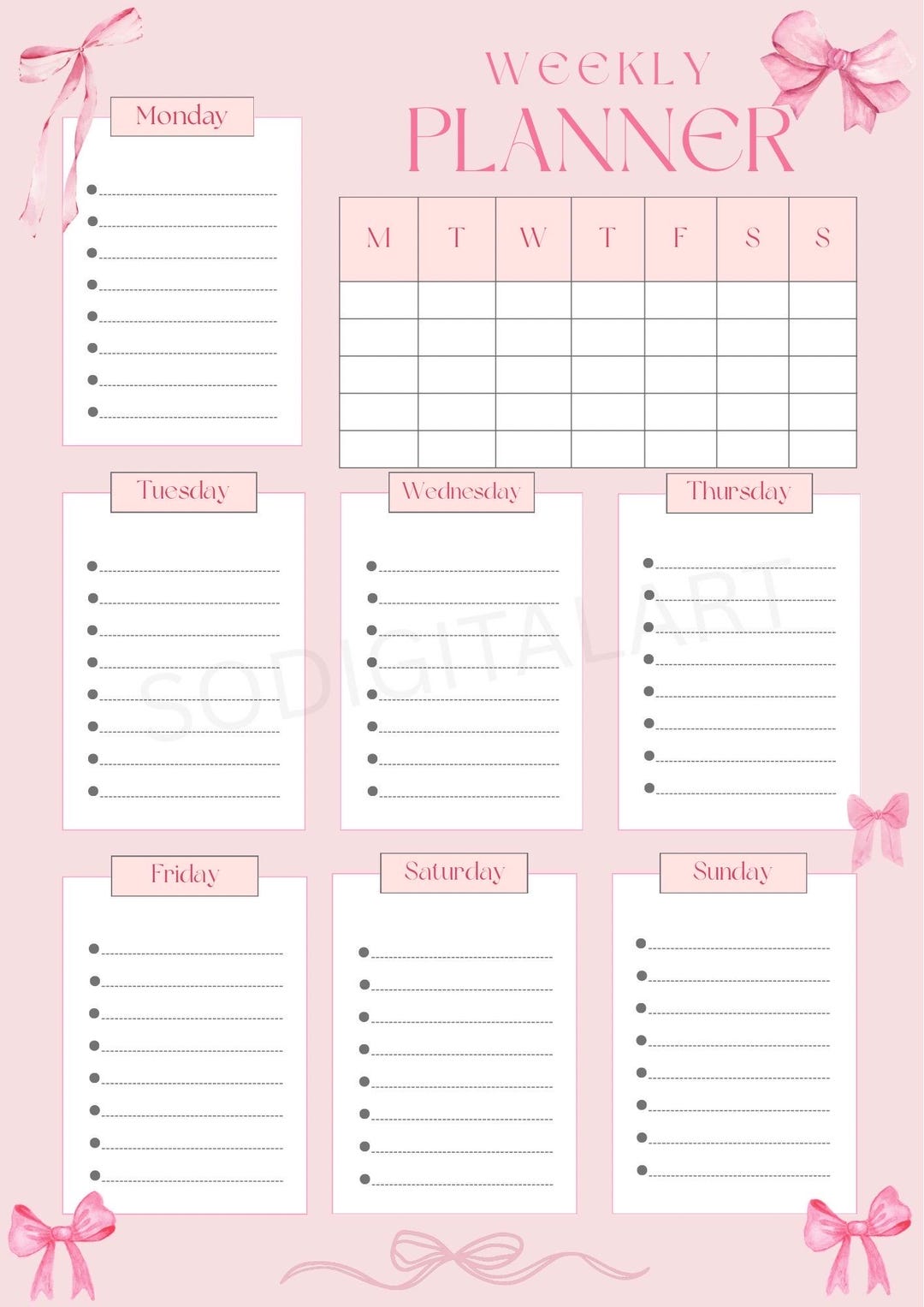 Pink Bows Weekly Planner | Cute Printable Weekly Schedule | Aesthetic ...