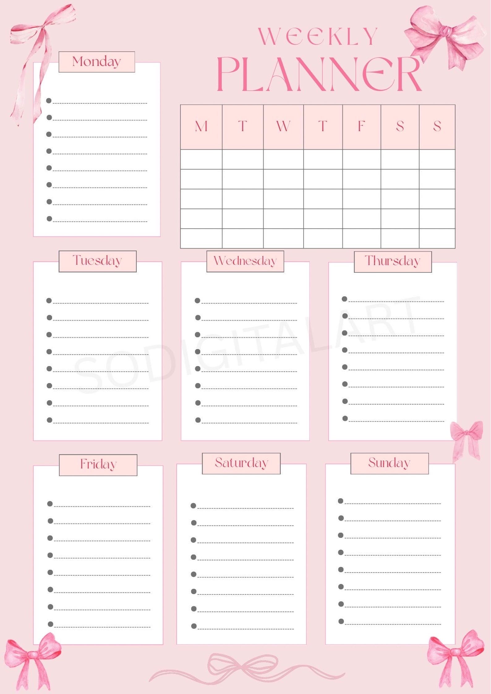 Pink Bows Weekly Planner | Cute Printable Weekly Schedule | Aesthetic Pinks To-do List | Instant ...