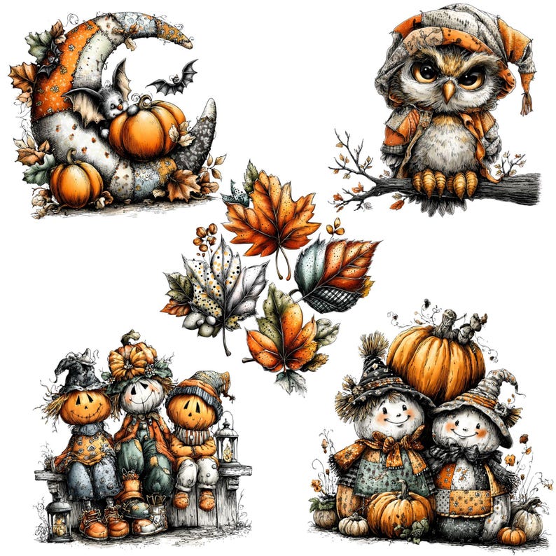 Patchwork Halloween Clipart Bundle: Watercolor Quilt Fabric PNG Set ...