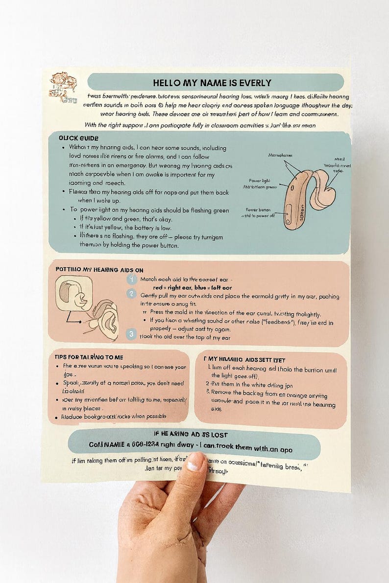 DIGITAL DOWNLOAD - Hearing Aid Tip Sheet for School or Daycare (fully ...